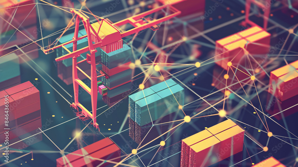 Stylized digital illustration of a logistics network with colorful ...