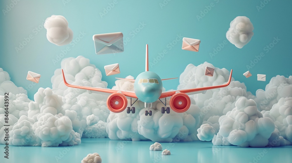 Whimsical illustration of an airplane flying through clouds with ...