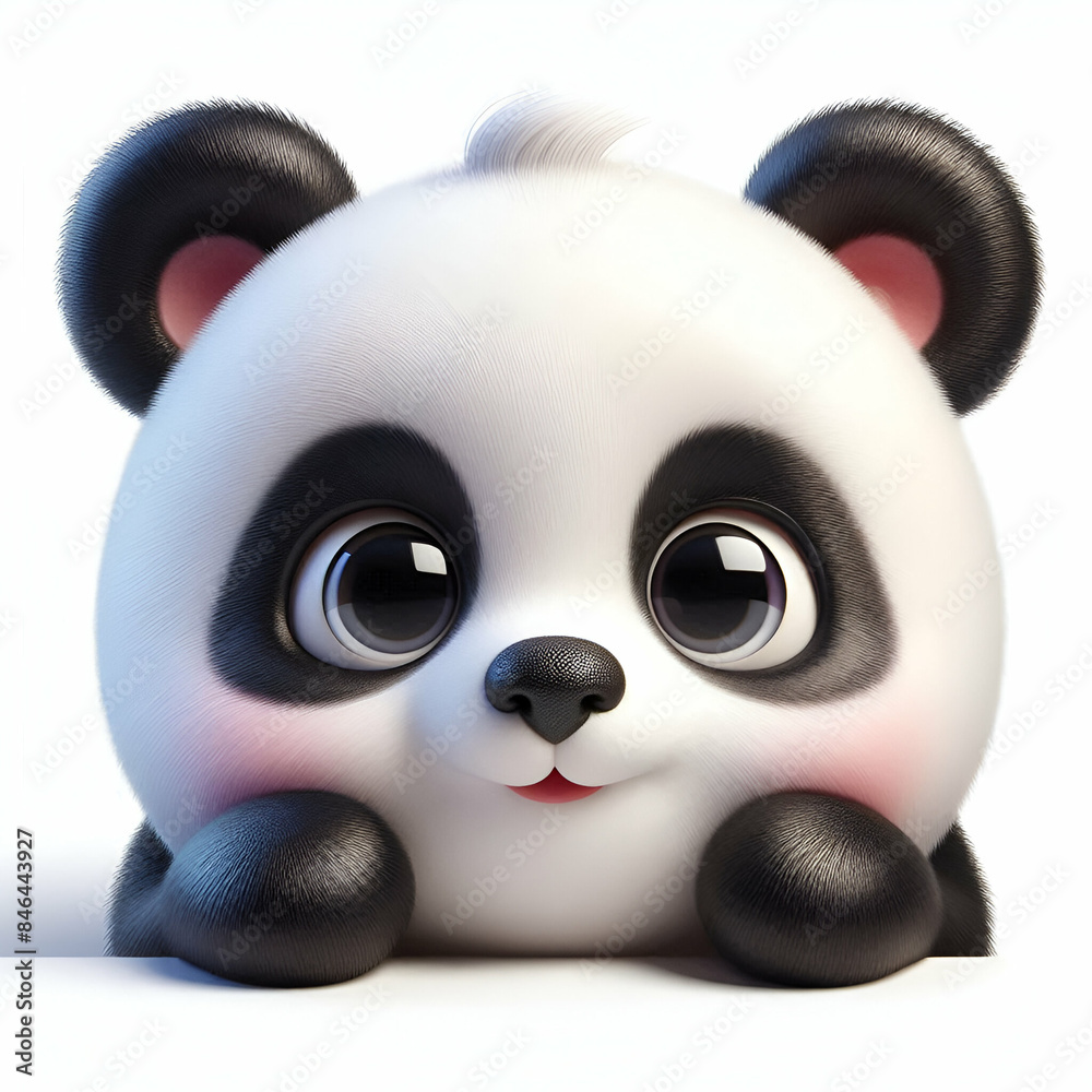 3D rendering of a cute cartoon panda. The panda has big black and white ...