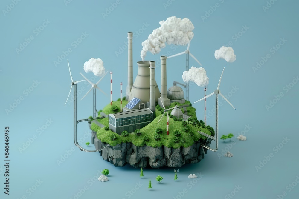 Miniature model of an industrial island with factory pollution and wind ...