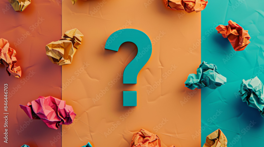 A prominent blue question mark over a divided orange, peach, and ...