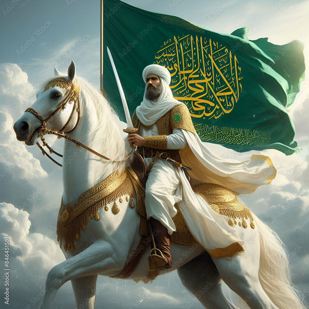 Saudi man in traditional clothing in the desert with a white horse ...