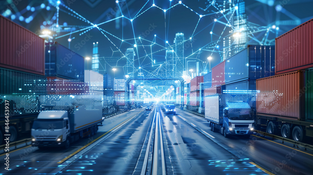 Modern freight cargo transport scene at night with digital network ...