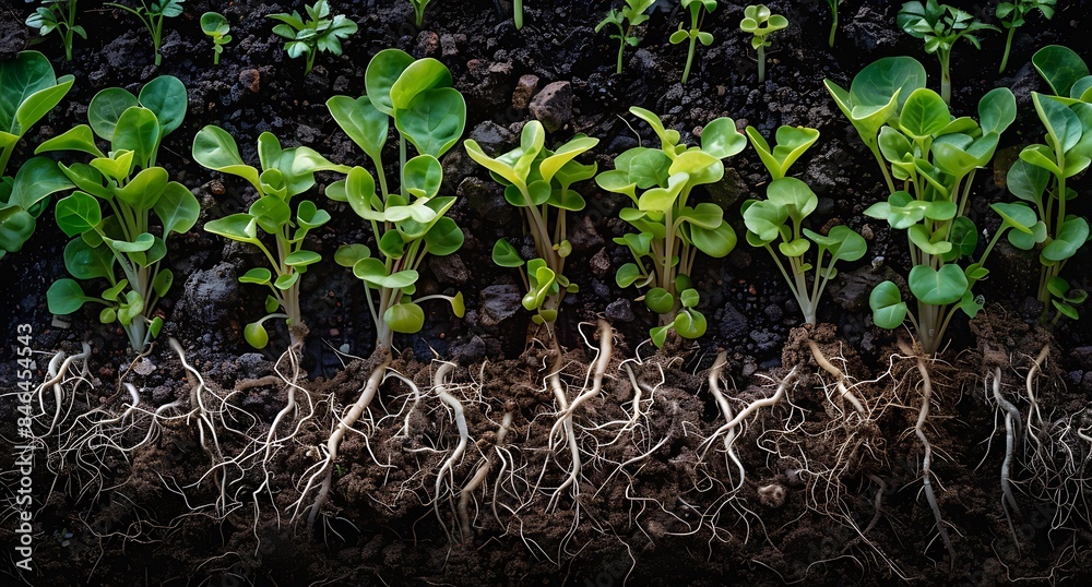 Diverse green seedlings are growing in the soil cross section with ...
