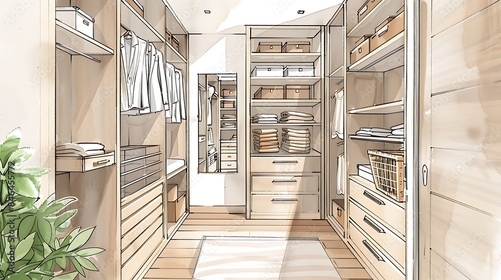 Draw a stylish walk-in closet with built-in storage solutions Stock ...