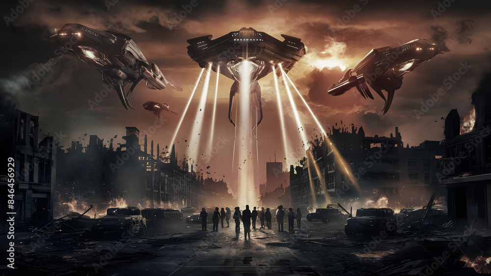 Design a futuristic scene with alien ships hovering over a major city ...