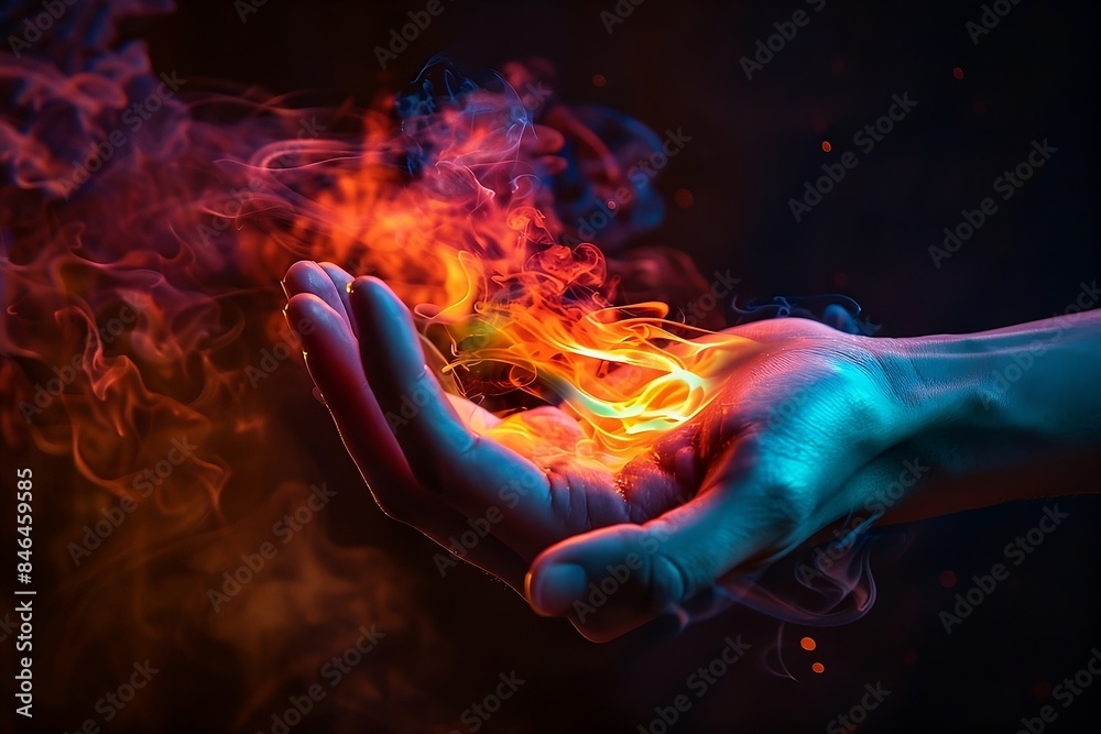 the magic of human power, Vibrant flames burst from a hand, igniting ...
