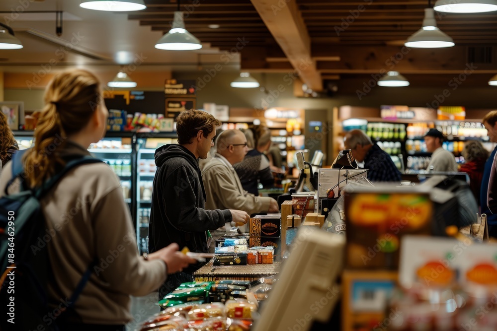 A busy checkout line at a retail store with copy space on the right ...