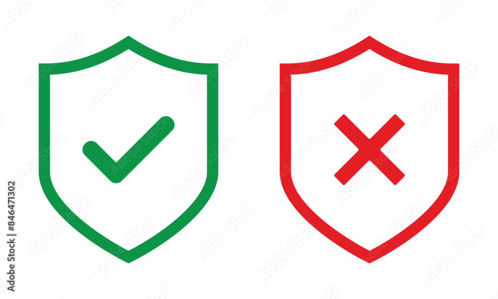 shield icon with tick and cross mark. green red protected and ...