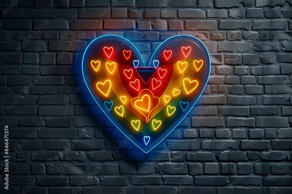 Heart shaped neon lights in rainbow colors on a dark brick wall ...