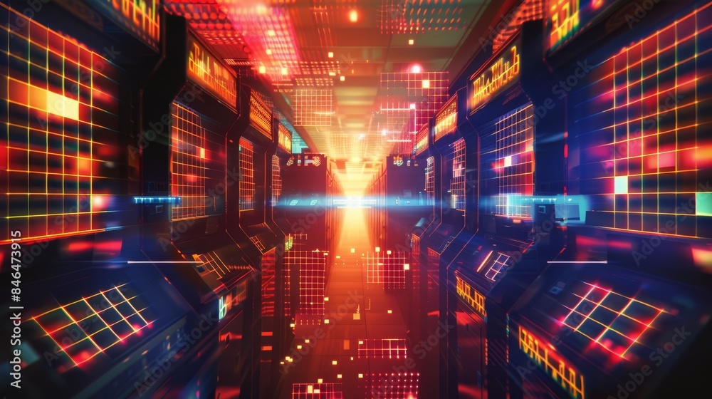 Old arcade game screen background, with pixelated graphics and a glow ...