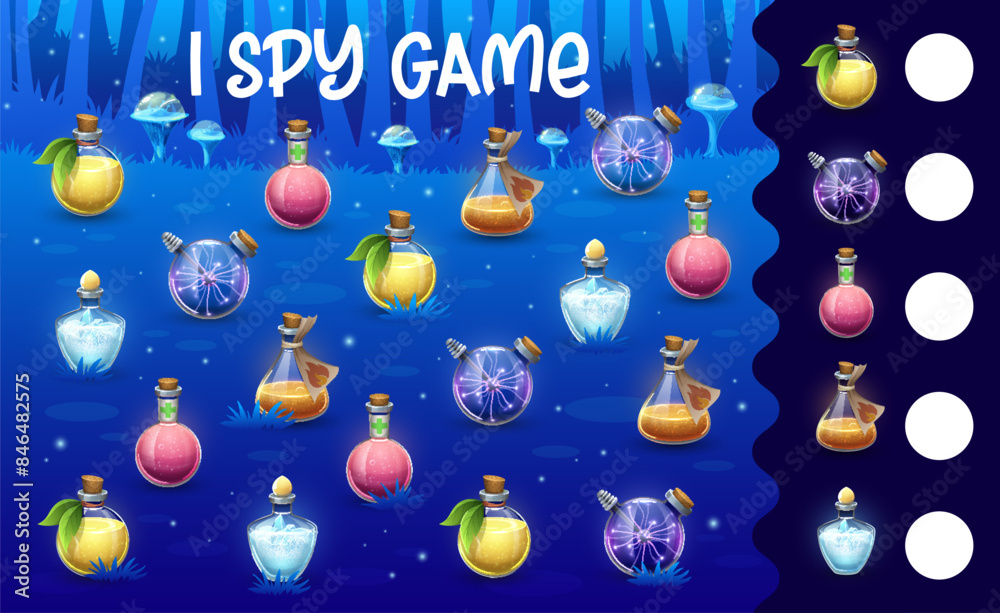 Halloween kids I spy game with witch magic potion bottles on fairy ...