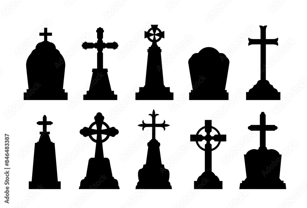Gravestone, headstone, tombstone silhouettes. Tomb stone icons. Vector ...