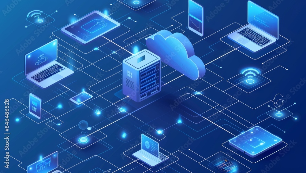 isometric illustration of cloud technology, blue background with white ...
