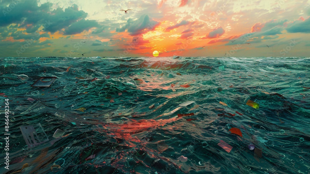 A surreal interpretation of an ocean sunset obscured by a blanket of ...