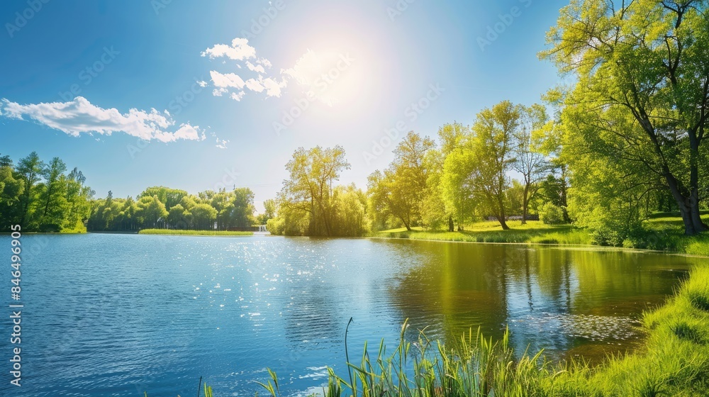 Tranquil lake under sunny spring sky with early signs of spring in ...