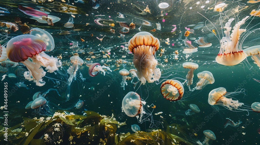 An evocative scene capturing the delicate dance of jellyfish amidst a ...