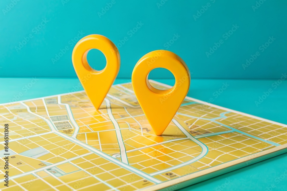 Two yellow pins on a map, one on the left and one on the right Stock ...