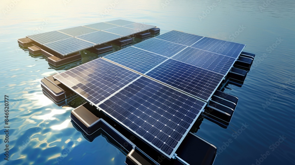 Floating solar panels on a water body, featuring PV modules mounted on platforms. The image ...