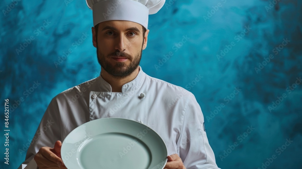 cooking, culinary, male chef holding empty plate, male chef in toque ...