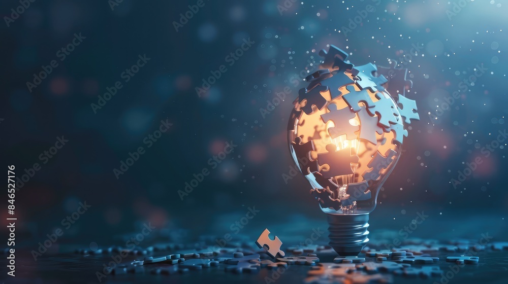 3D lightbulb with puzzle pieces falling into place on a dark blue ...
