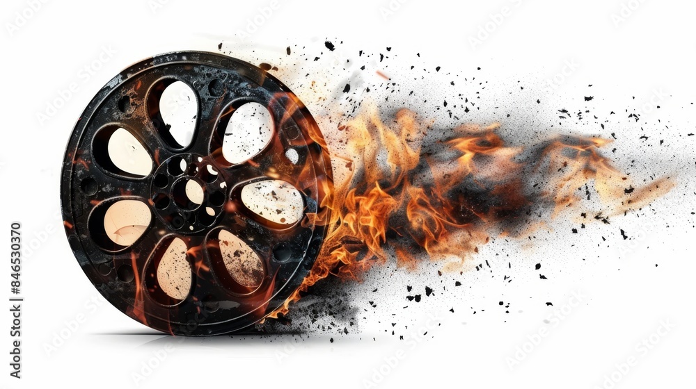 burning old film reel isolated on white background, fire burn object ...