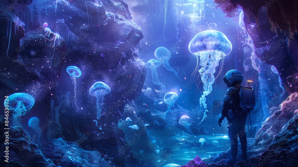 Design an otherworldly underwater landscape with bioluminescent flora ...