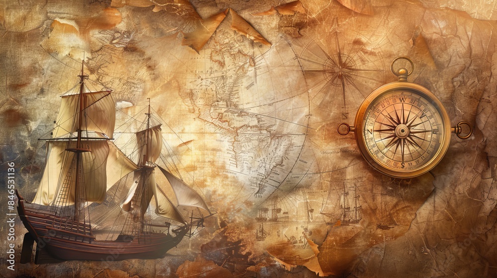 A historical background featuring an old sailboat, a compass, and an ...