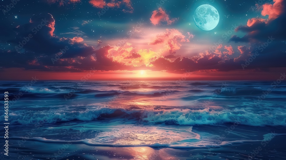 Stunning tropical beach with a starry night, full moon, and clouds in ...