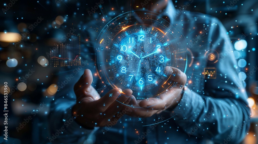businessman holding a digital clock, holographic productivity tools ...