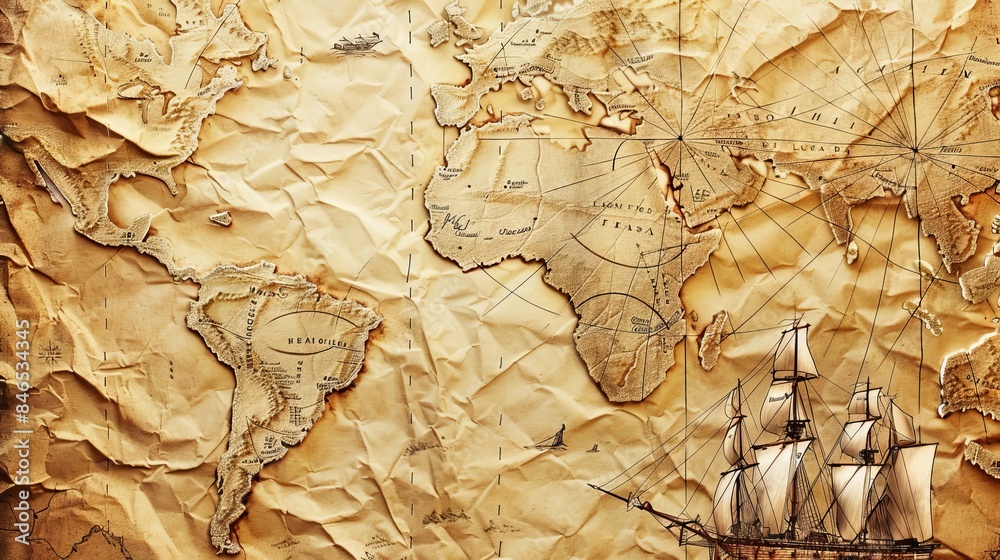 Collage background of old maps, representing sea voyages, discoveries ...