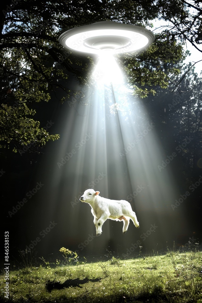 Surreal scene of a cow being abducted by a UFO at night, capturing a ...