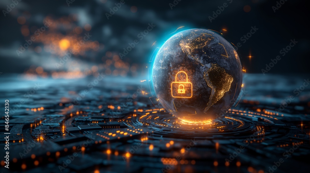 Globe with digital padlock over circuit board, dark background. Concept ...