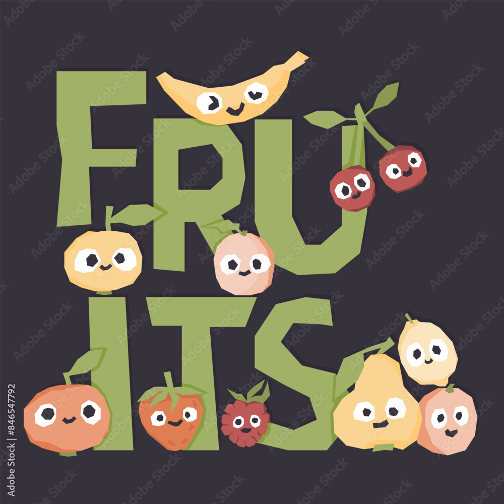 Cute fruit and berries characters banner for farmers market. Vector ...