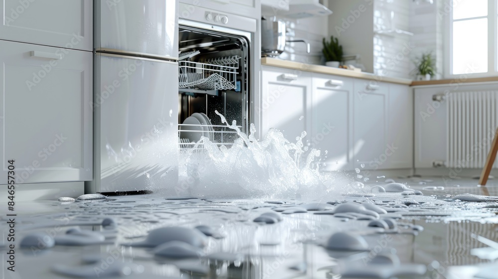 Broken dishwasher leaking in a white modern kitchen with a door open ...