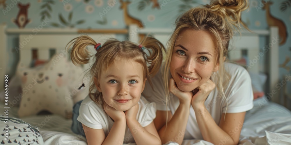 Happily caucasian mother and daughter on bed at home. Delightful woman ...