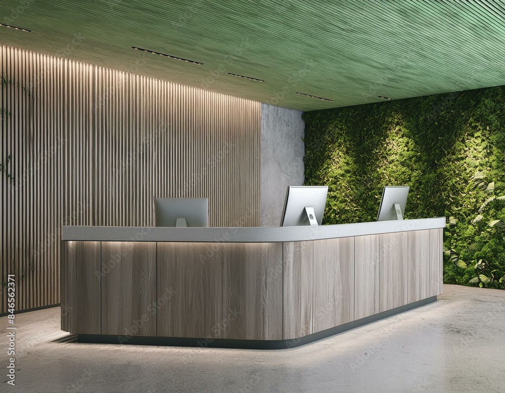 Modern hall interior with reception desk in hotel with wood panel and ...
