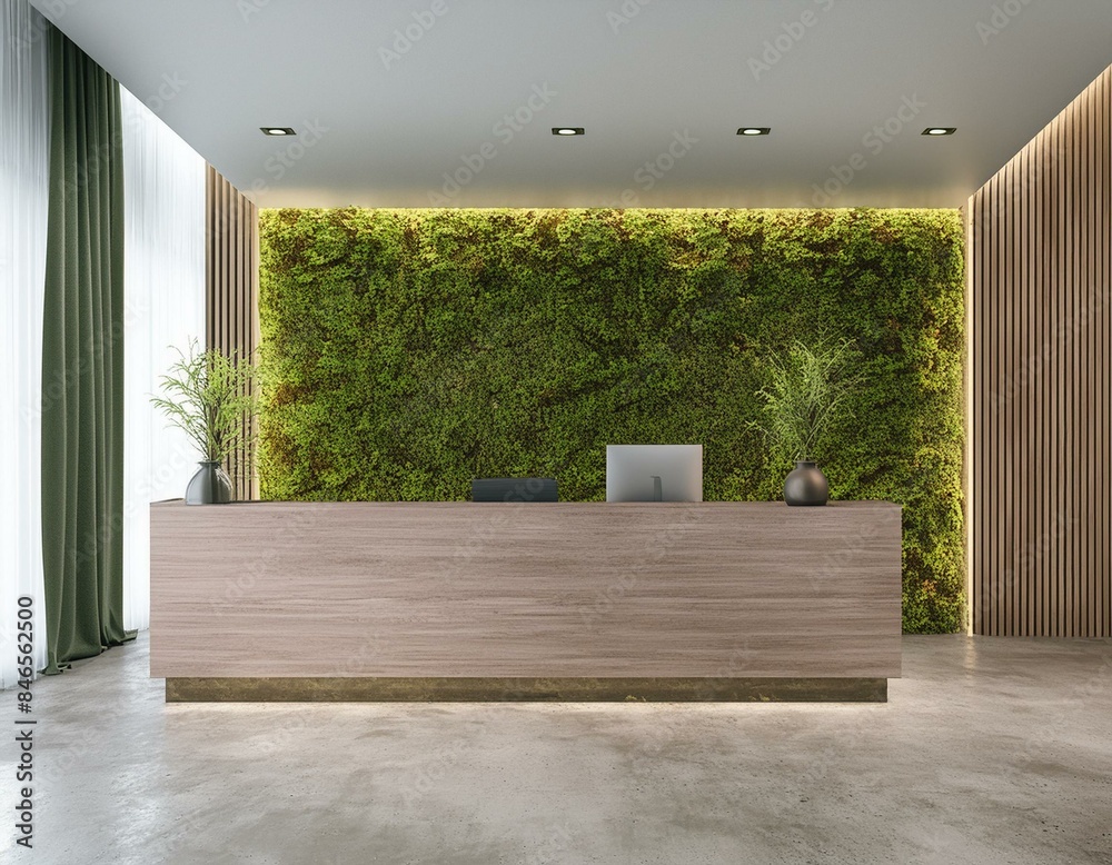 Modern hall interior with reception desk in hotel with wood panel and ...