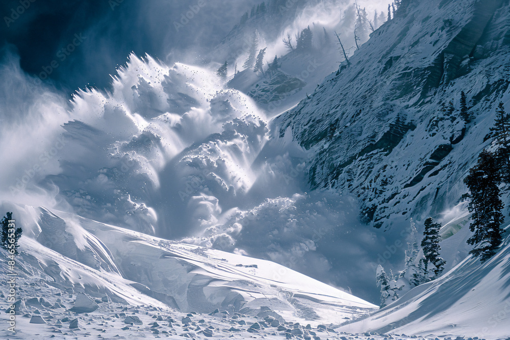 Powerful snow avalanche descending from a steep mountain slope ...