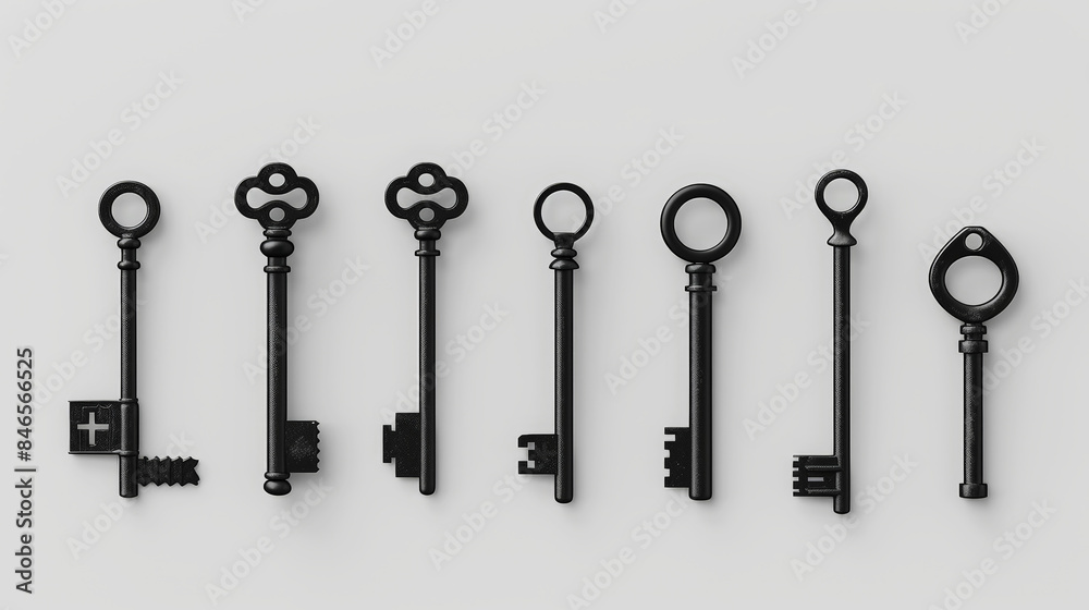 Aesthetic set of 3d different old vintage door keys on white clean ...