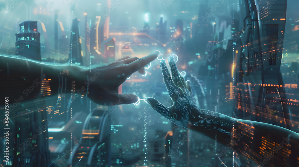 Android robot navigating through a cyber digital world, pointing its finger towards a glowing ...