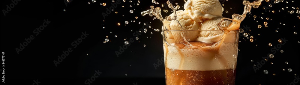 A classic root beer float with scoops of vanilla ice cream in a tall ...