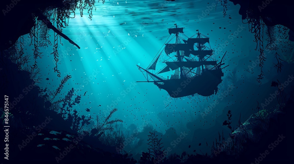 Vector background of an ocean underwater landscape with a sunken ...