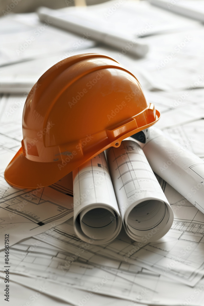 Orange Safety Helmet on Blueprints: Essential Construction Planning ...
