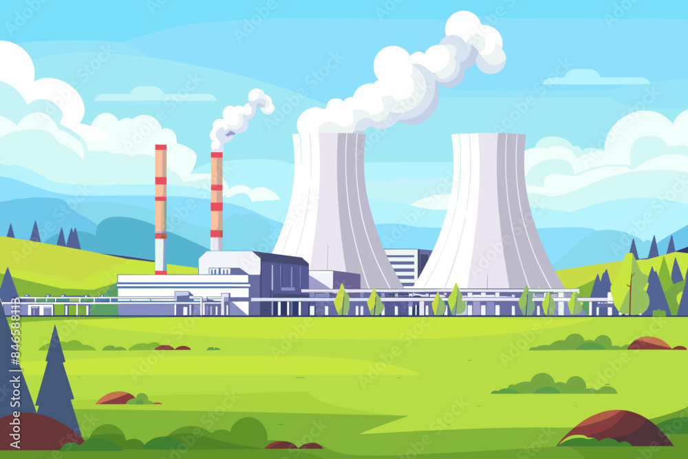 Nuclear power plant flat color vector illustration Industrial facility ...