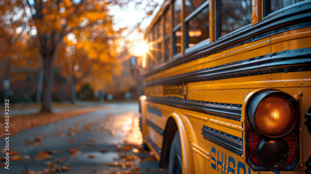 Vintage yellow school bus on a tree-lined street during autumn, with ...