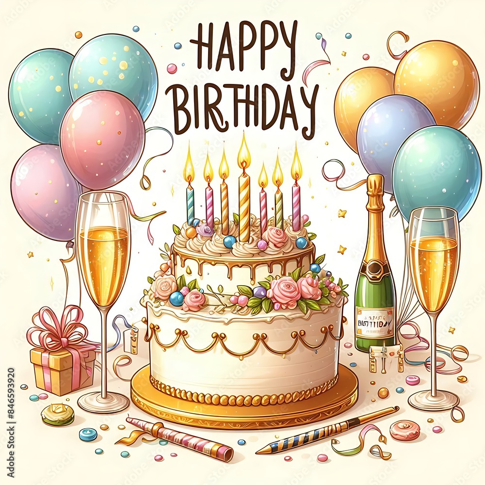 Happy birthday card for greeting celebration with cake, wine bottle and ...