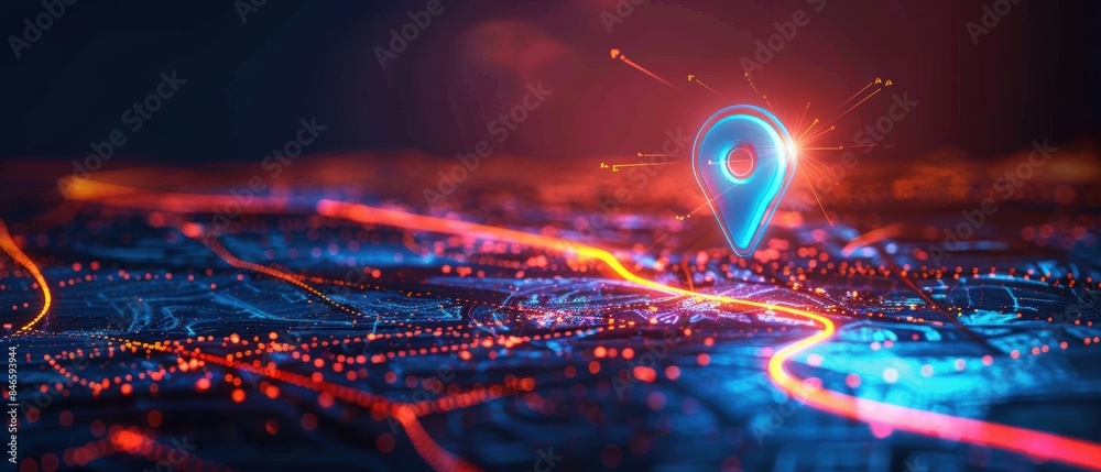 High-tech GPS map with digital pin and illuminated route path Stock ...