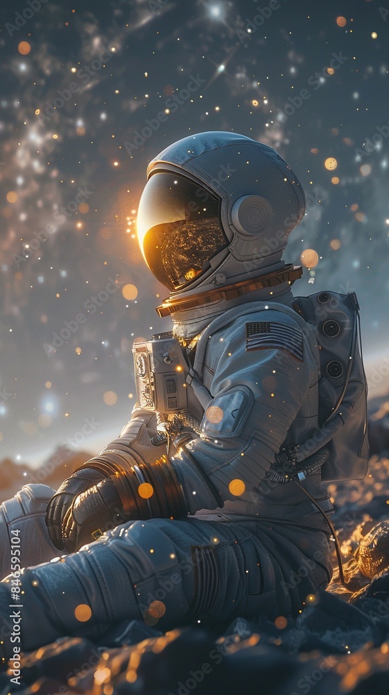 Cosmic mission figure in a custom helmet, exploring an outer planet ...