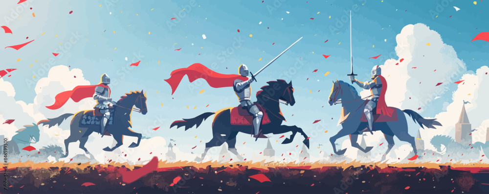 Medieval jousting tournament with knights in full armor. Vector flat ...